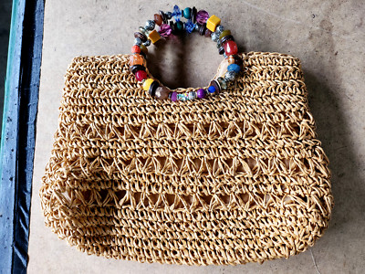 Cappelli Straworld Woven Purse Beaded Handle Handbag Summer Beach Bag ...