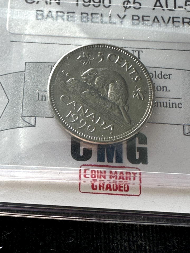 1990 Canadian, Bare Belly Beaver , Nickel ¢5 Coin Mart Graded**AU-50 ...