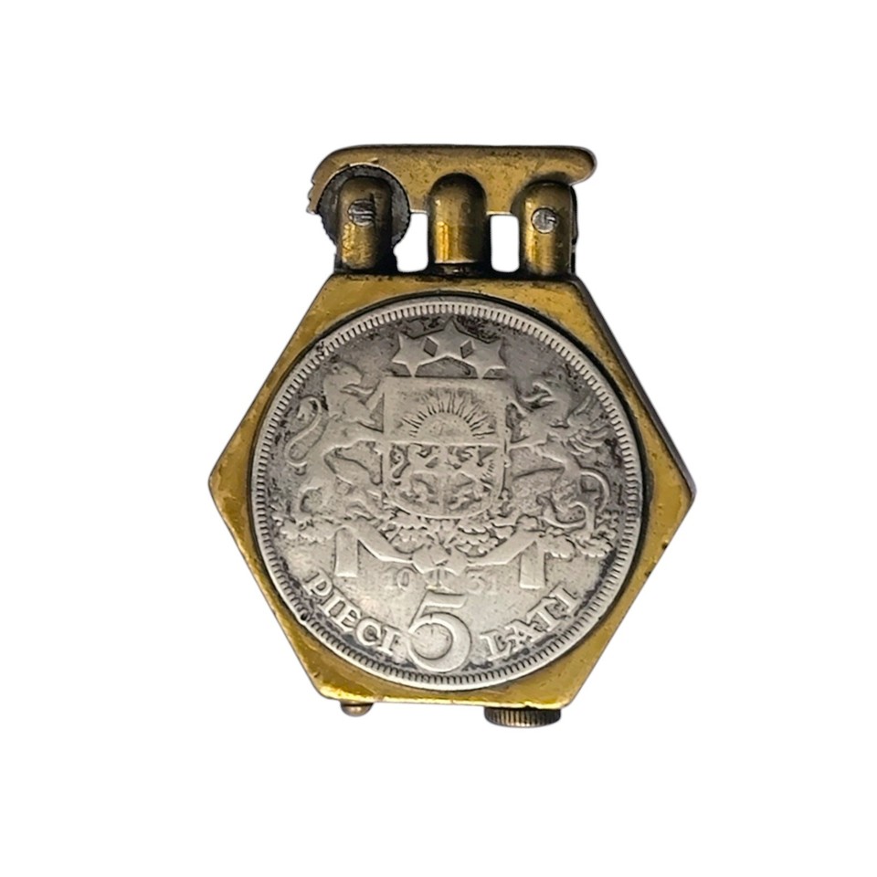 Vintage Rare Petrol Lighter with Latvia Silver 5 Lats Coins, Great ...