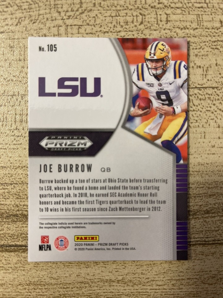 2020 Panini Prizm Draft Picks JOE BURROW RC Rookie Base Card #105 LSU ...