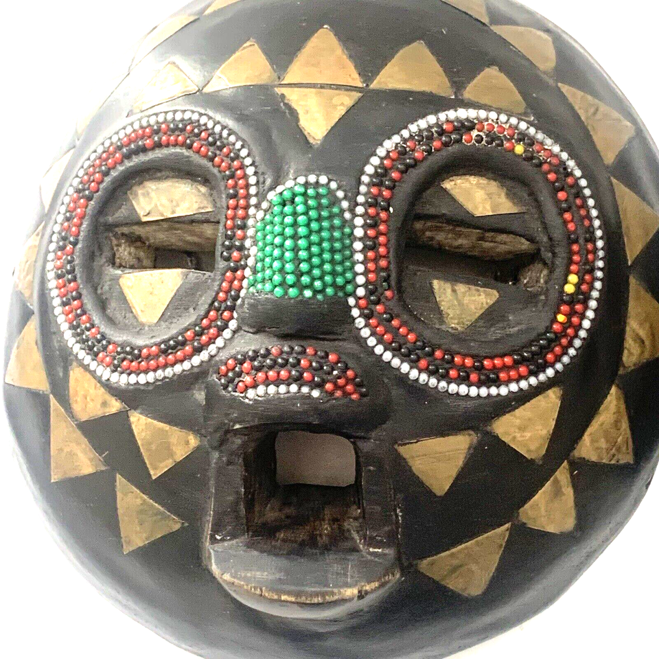 2 African Tribal Masks Wood Handcrafted in Ghana Black Gold Beaded ...