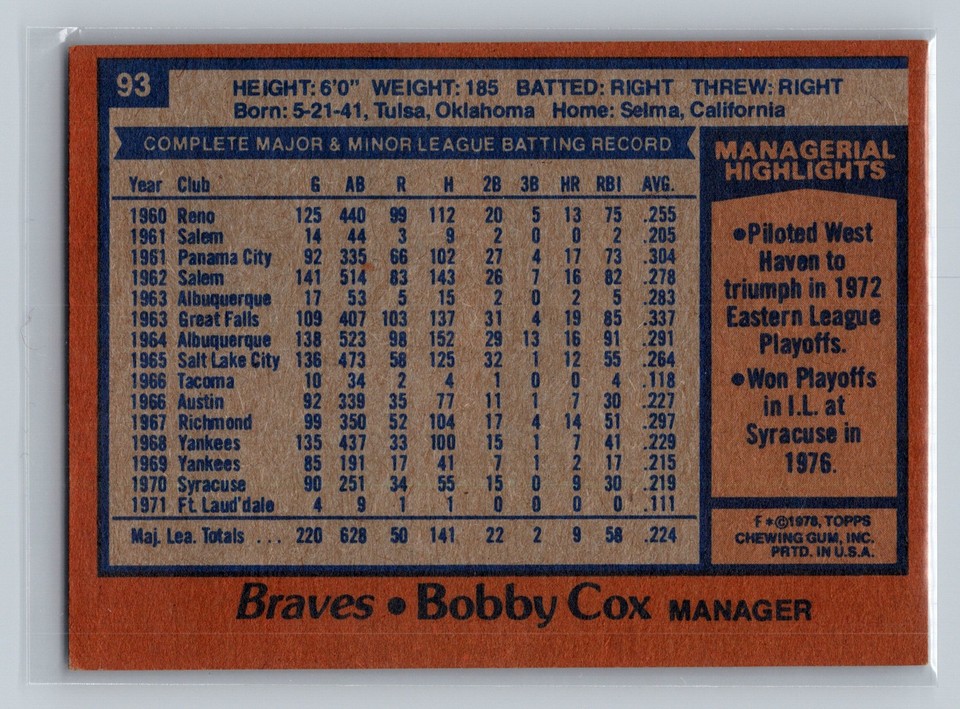 Bobby Cox 1978 Topps #93 Atlanta Braves | eBay