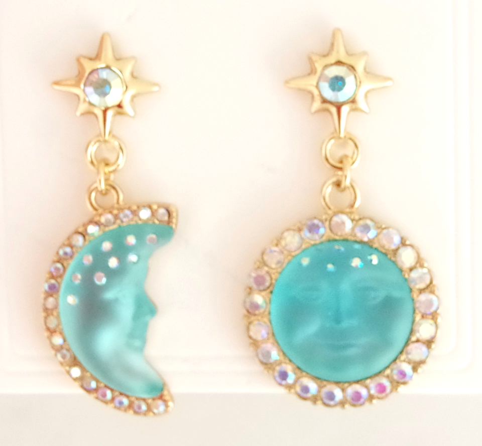 2" KIRKS FOLLY BLUE SEAVIEW MOON FACE AB CRYSTAL RHINESTONE DROP DANGLE ...