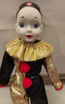 Artistic Doll Harlequin Porcelain 17in Black Gold With Red Pom Pons Red ...
