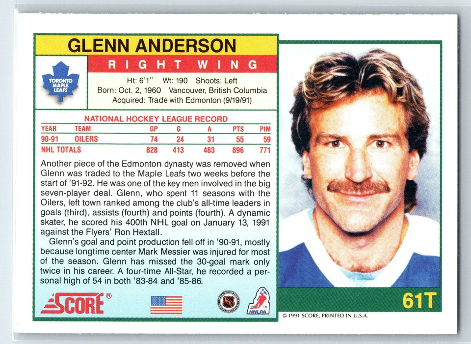 Glenn Anderson 1991 Score NHL Rookie and Traded #61T | eBay