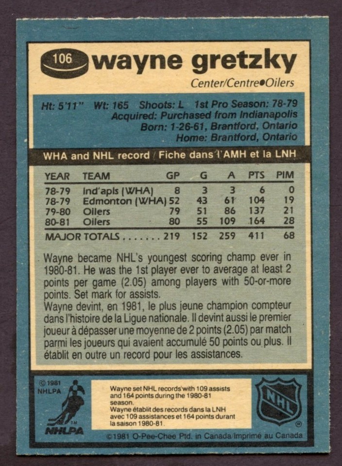 1981-82 OPC O Pee Chee # 106 Wayne Gretzky 3RD YEAR EDMONTON OILERS ...