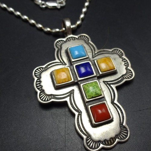 DON LUCAS Sterling Silver CROSS PENDANT with 18" CHAIN Turquoise Coral ...
