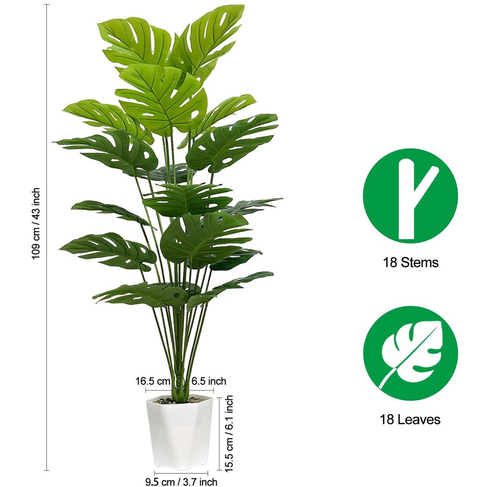 Set of 2 Artificial Monstera Deliciosa Plants in Pots, Fake Tropical ...
