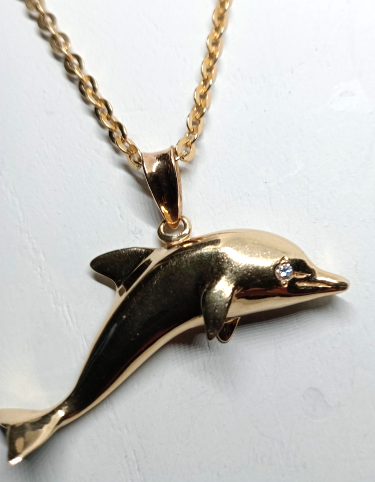 STAMPED 14K YELLOW GOLD DOLPHIN PENDANT w/ DIAMOND EYE | eBay