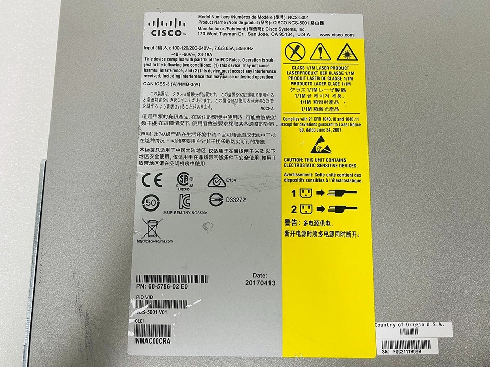 Cisco NCS-5001 40x 10G SFP+ & 4x 100G QSFP28 Ports Router W/ Dual AC ...