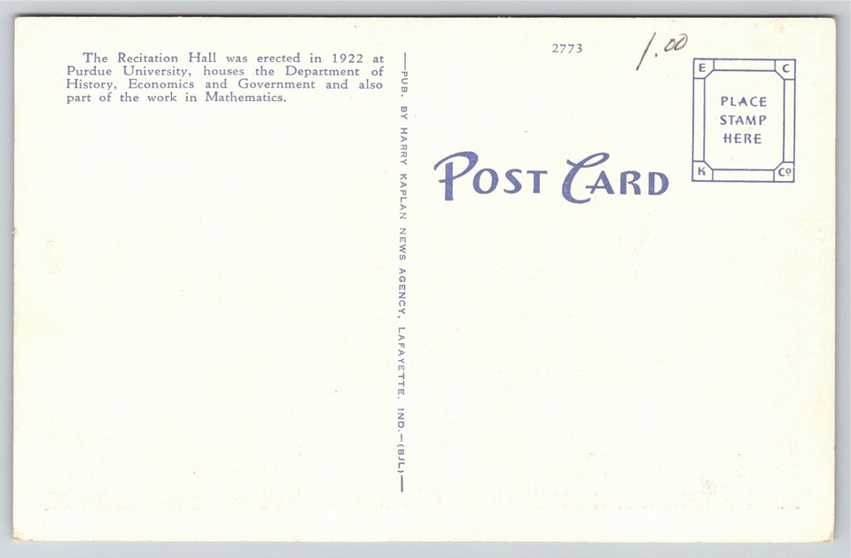 Lafayette Indiana~Recitation Hall~Purdue University~Vintage Linen ...