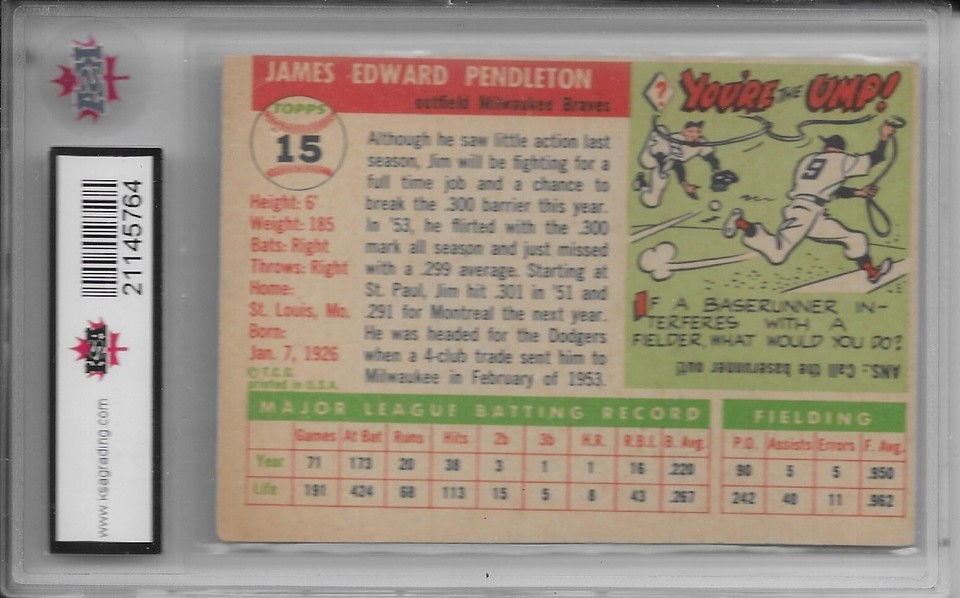 1955 TOPPS BASEBALL Jim Pendleton #15 KSA 5 EX Milwaukee Braves | eBay