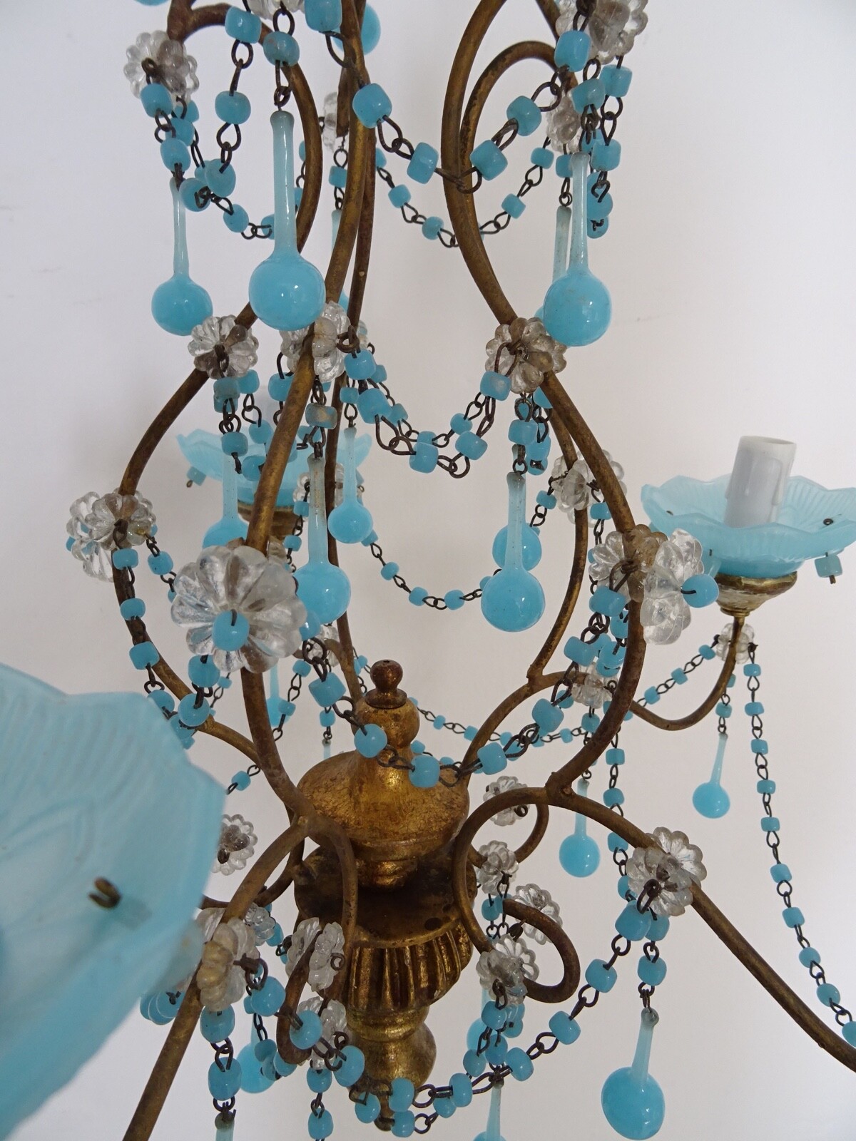 ~French Murano Blue Bobeches Drops & Beads Opaline Beaded Chandelier, c ...