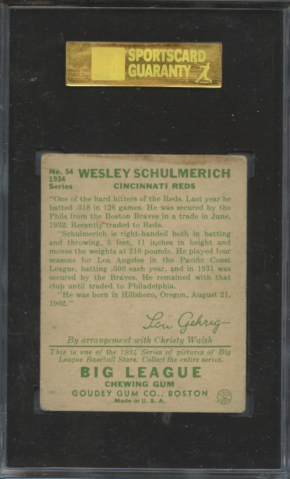 1934 Goudey #54 Wesley Schulmerich Cincinnati Reds SGC 40 VG 3 | eBay