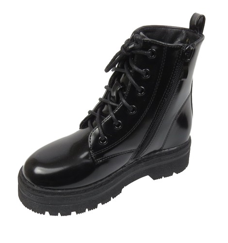 Girls Ankle Boots Chunky Platform Kid Lace Up Zip School Black Shiny ...