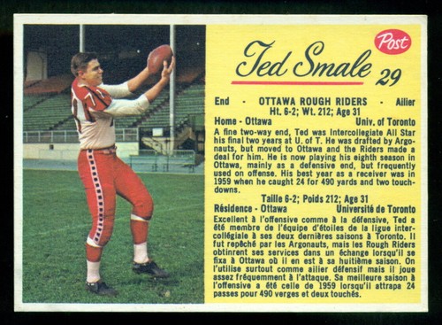 1963 POST CFL FOOTBALL #29 TED SMALE NM-MINT OTTAWA ROUGH RIDERS UNIV ...