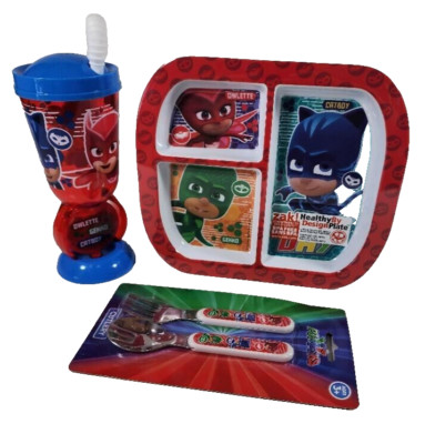 PJ MASKS - MELAMINE DIVIDED FOOD PLATE / DRINK BOTTLE / CUTLERY SET ...