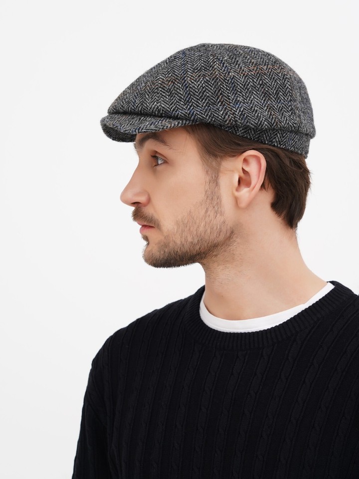 Men's Grey Tweed Newsboy Cap 8 Panel Baker Boy Hat Wool Vintage ...