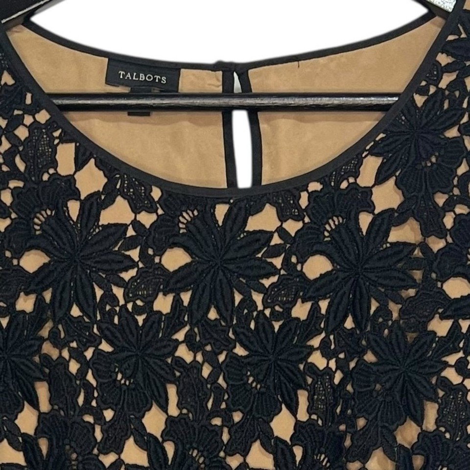 Talbots Lace Overlay Top Womens 14 Black/Tan Short Sleeve Crochet ...