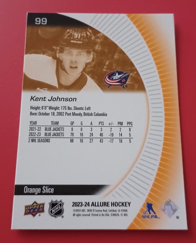 2023-24 KENT JOHNSON Orange Slice Columbus Blue Jackets #99 UD Allure ...