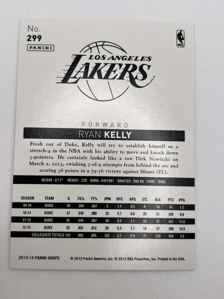 RYAN KELLY RC 2013-14 PANINI NBA HOOPS #299 LAKERS / DUKE NM | eBay