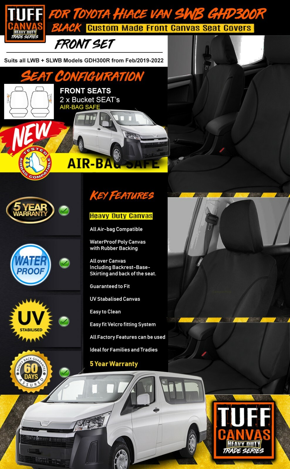 TUFF Canvas TRADE Front Seat Covers for HIACE VAN CREW VAN 2/2019-2025 ...