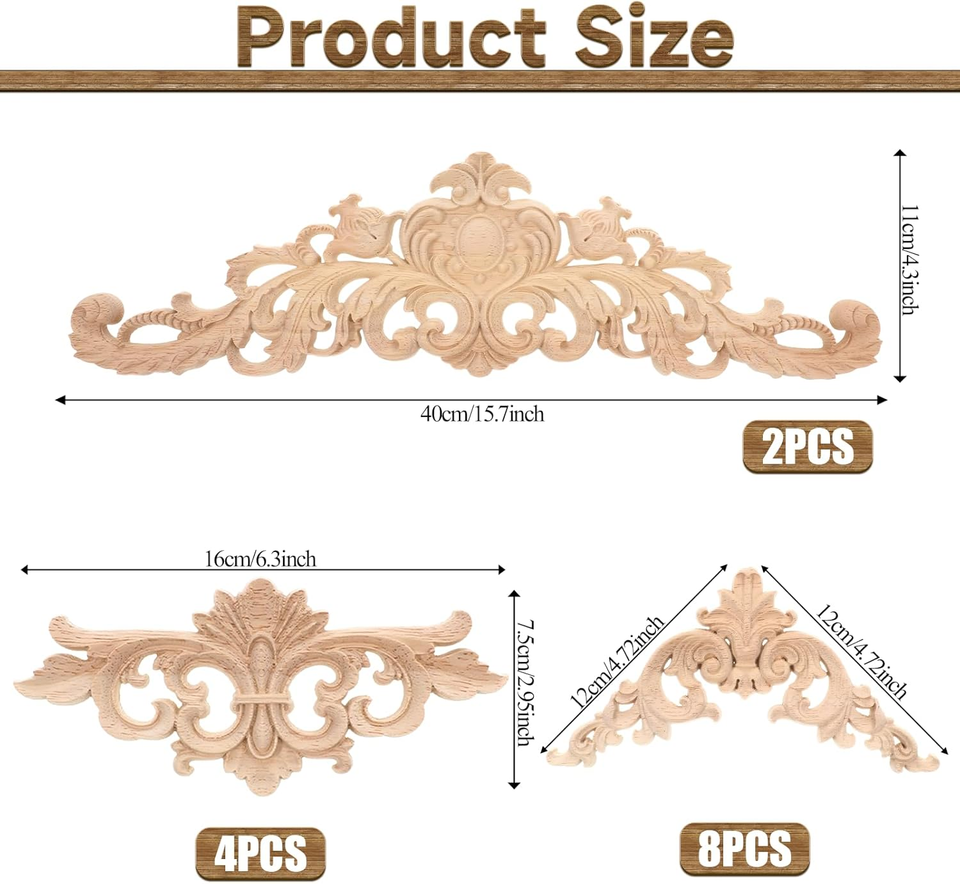 14Pcs Wood Appliques and Onlays, Carved Unpainted DIY Decorative Wooden ...