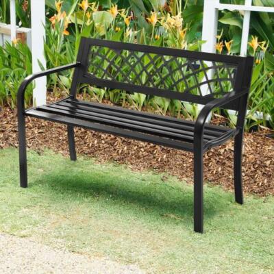 Outdoor Patio Park Bench Deck Steel Frame Seating Arm Rails Mesh ...