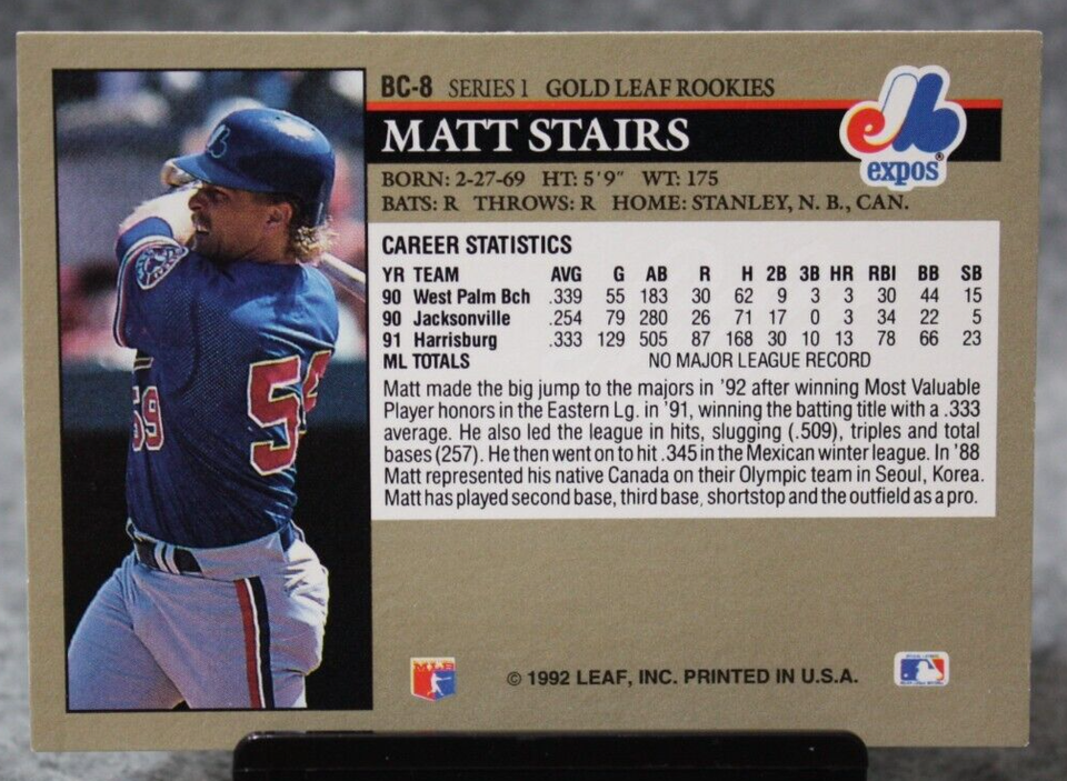 1992 Leaf Matt Stairs Gold Leaf Rookies Card #BC-8 Expos | eBay
