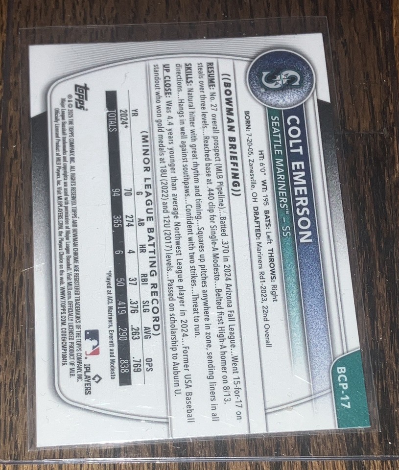 2025 Bowman COLT EMERSON Blue Shimmer /150 #BCP-17 Seattle Mariners | eBay