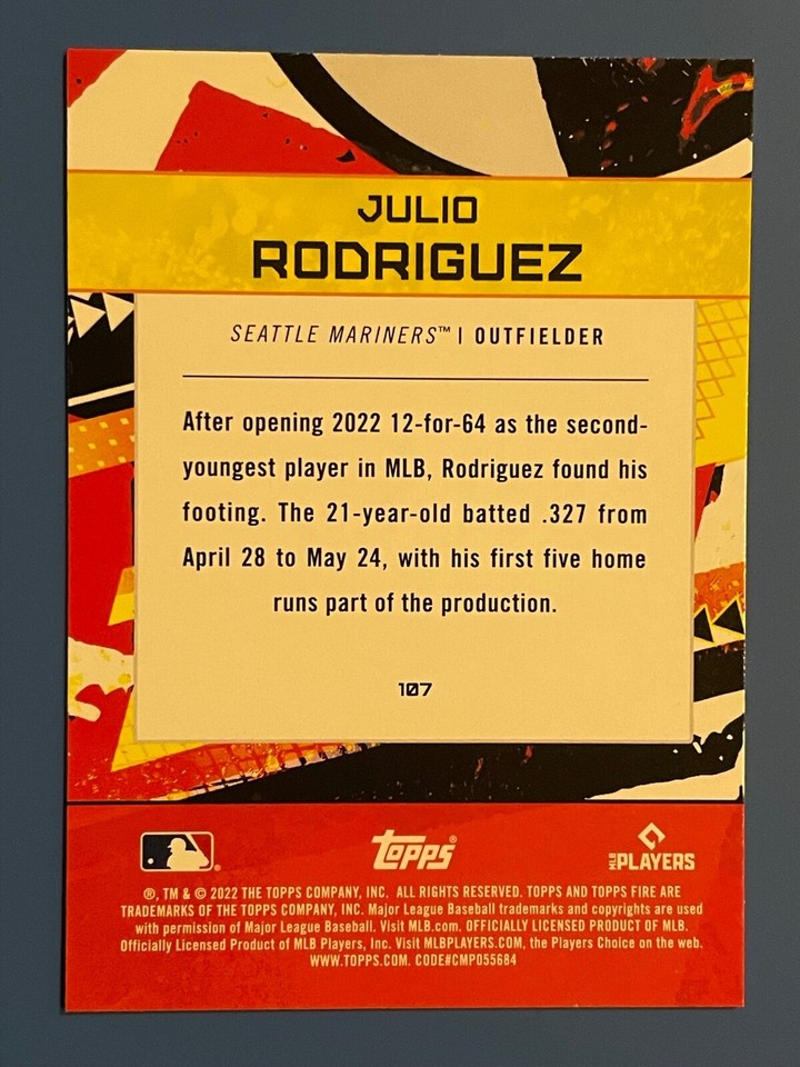 2022 TOPPS FIRE BASEBALL JULIO RODRIGUEZ ROOKIE CARD No. 107 Seattle ...