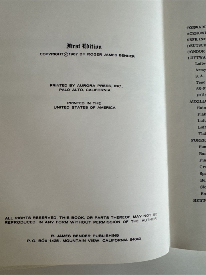 Air Organizations of the Third Reich Roger James Bender First Edition ...