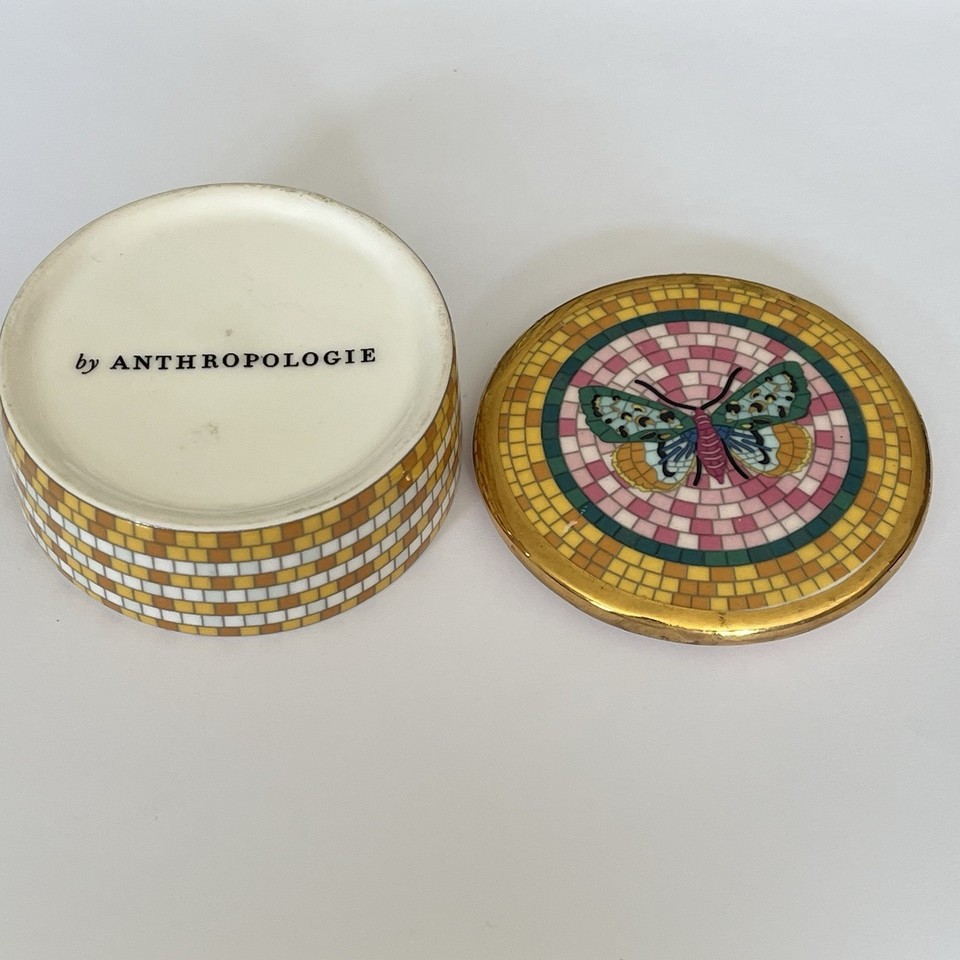Anthropologie Bistro Tile Trinket Box Butterfly Darcy Gold Round 3”D ...
