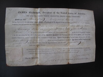Ohio Vellum Land Grant 1815 Signed President James Madison + Meigs ...