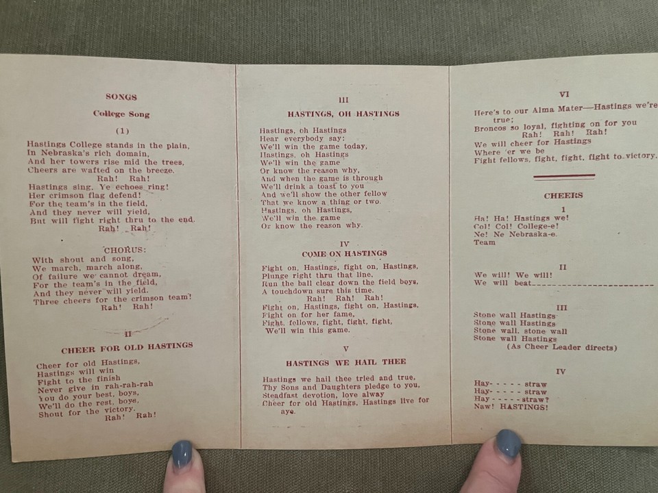 RARE Hastings College Broncos Neighs Football 1926 Schedule Song Lyrics ...