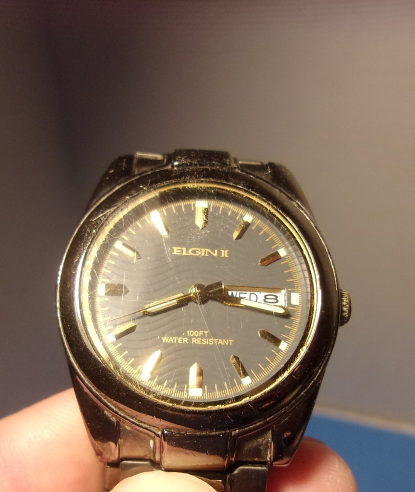 Vtg. Elgin II Men's FCT012 Day Date Black Expansion Quartz Watch Needs ...