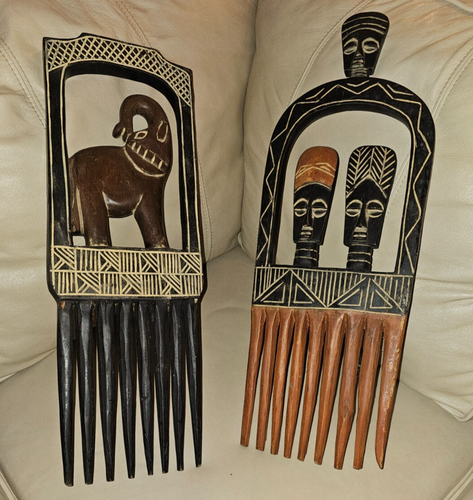 Vintage Tribal Hand Carved Wood Pick Comb Pair Ghana Pair 22" | eBay