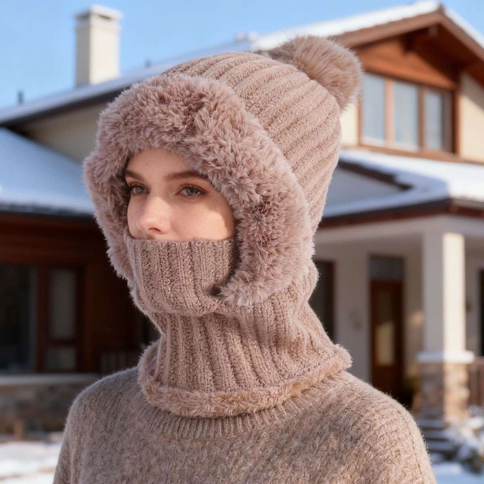 3 in 1 Womens Knit Beanie Cap Fleece Lined Winter Scarf Mask Set Snow ...