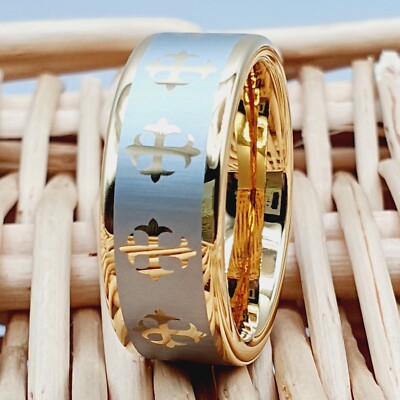 8mm Yellow Gold Tungsten Cross Ring Religious Ring Men's Cristian ...