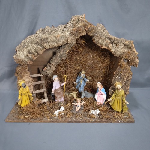 Vtg Wood Manger Nativity Set Italy Made Christmas Jesus Real Bark 10 ...