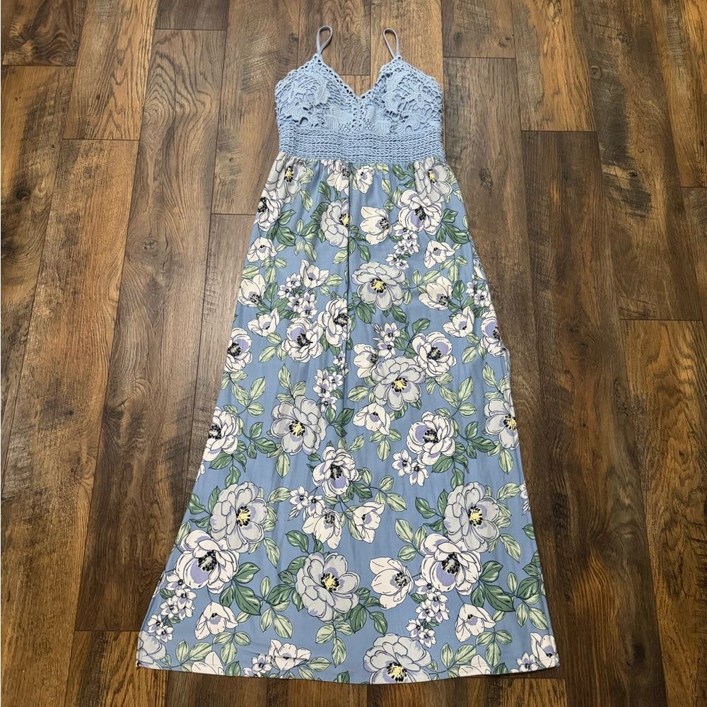 No Boundaries Lacey Crochet Blue Spaghetti Strap Maxi… - Gem