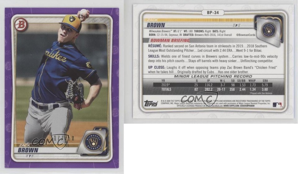 2020 Bowman Prospects Purple 117/250 Zack Brown #BP-34 1t5 | eBay UK