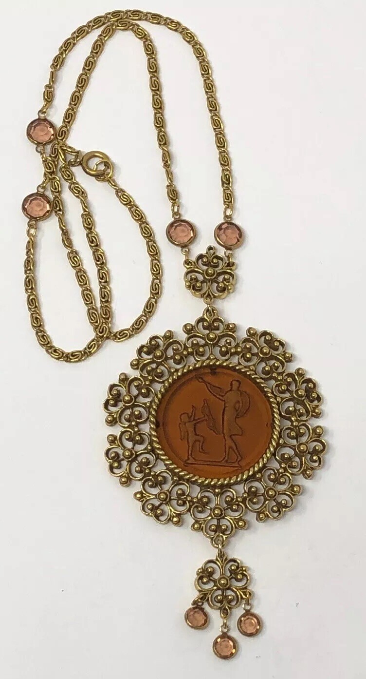 Vintage UnSigned Goldette Intaglio Topaz CRYSTAL Glass Cameo Dangle ...