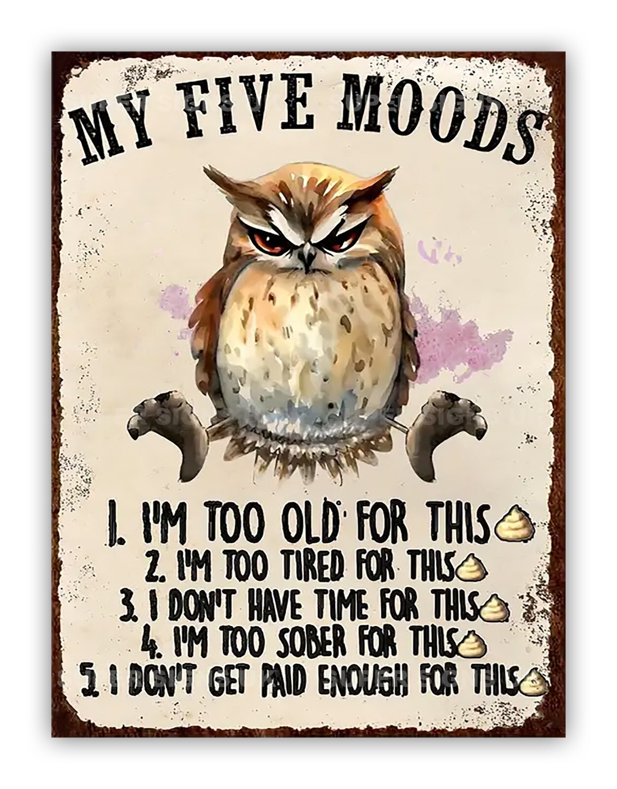 Funny Owl " My Five Moods " Metal Wall Door Garage Sign | eBay UK