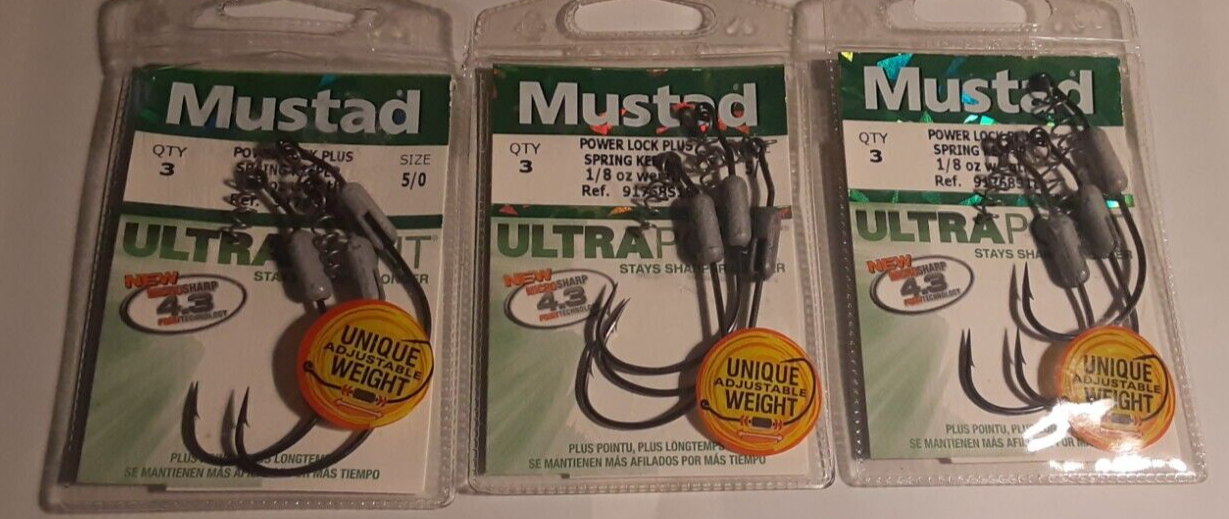 3-pack Mustad 4.3 ultra point Power Lock Spring Keeper 5/0 Fishing Hook ...