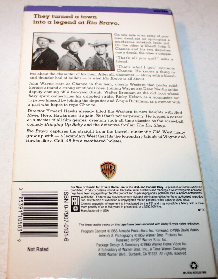 RIO Bravo (VHS, 1959) John Wayne, Dean Martin, Ricky Nelson, Warner ...