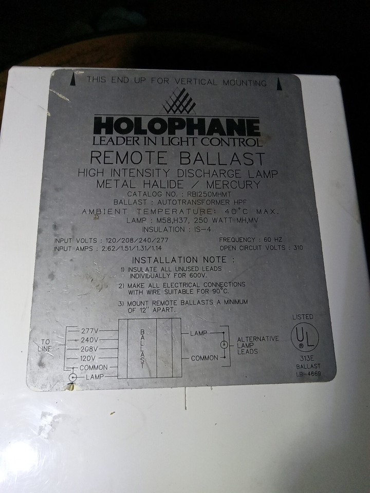 HOLOPHANE RBI250MHMT REMOTE OUTDOOR METAL HALIDE BALLAST, 250W MH, MTAP ...
