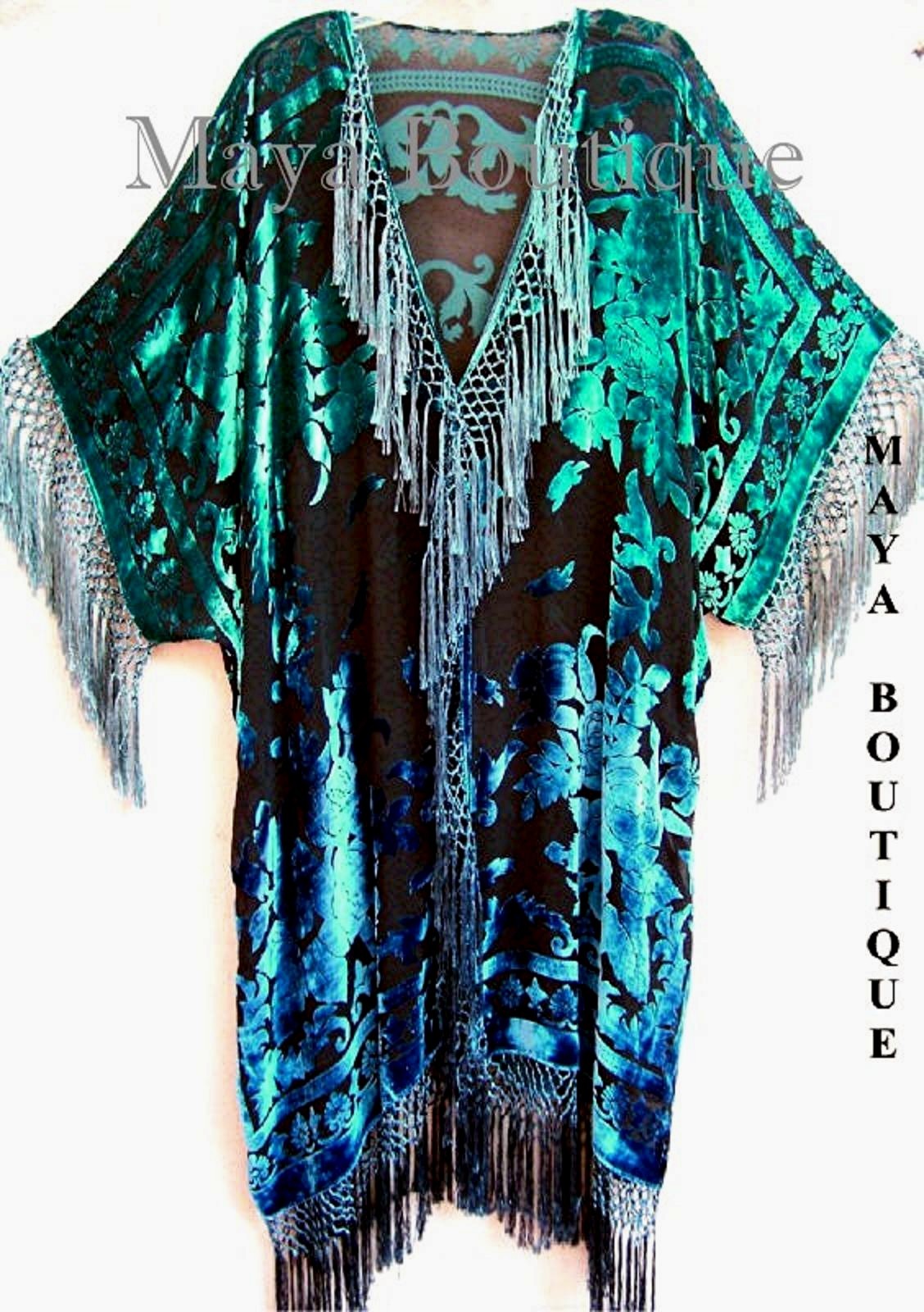 Hand Dyed Blue Turquoise Silk Velvet Jacket Kimono Duster Caftan Maya ...