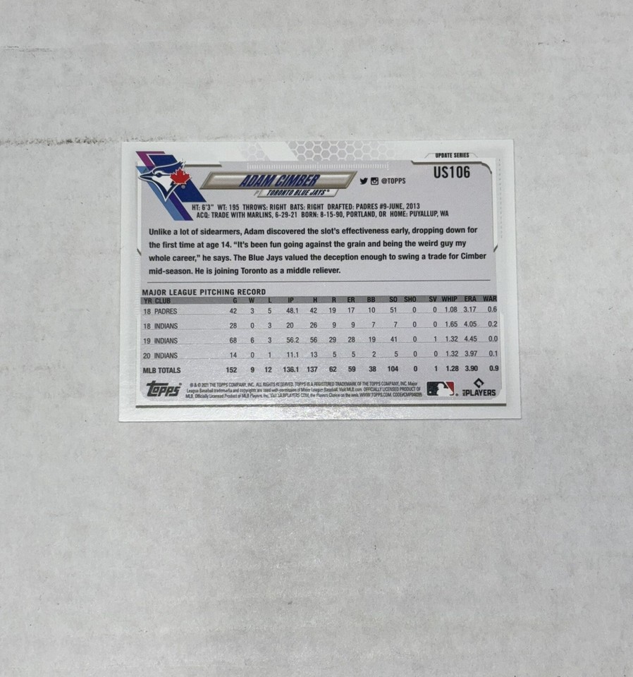 Toronto Blue Jays Adam Cimber 2021 Topps Baseball Rainbow Parallel Card ...