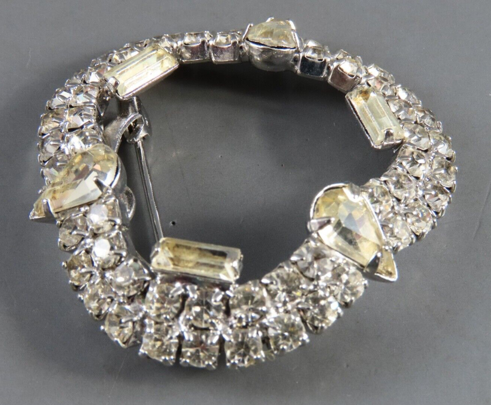 Vintage SILVER TONE BROOCH PIN Clear Rhinestones ROUNDED TRIANGLE Pear ...